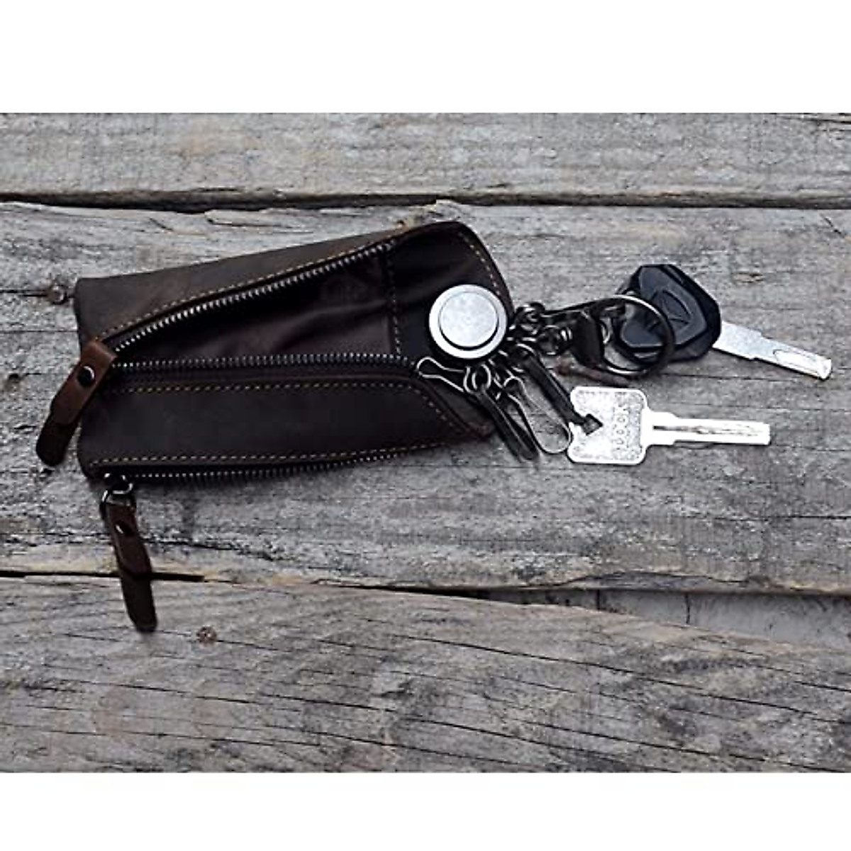 JJNUSA Genuine Leather Key Chain Zipper Coin Case, Leather Car Smart Key Chain Metal Hook and Keyring Zipper Coin Wallet (Darkbrown)