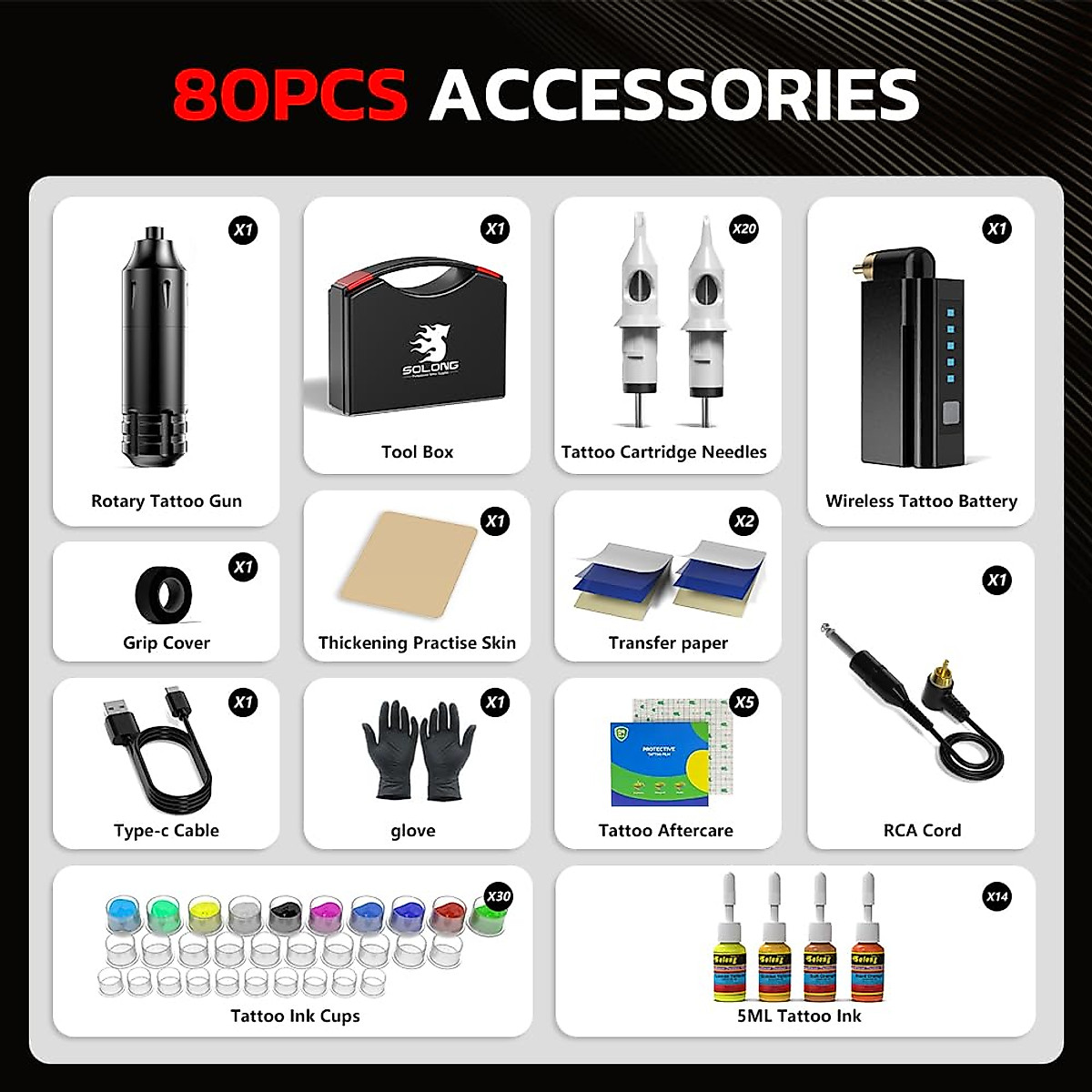 Wireless Tattoo Gun,Solong Rotary Wireless Tattoo Machine with 20Pcs Tattoo Cartridge Needles 1500mAH Tattoo Gun Wireless for Tattoo Artists and Tattoo Beginners with Portable Carry Case