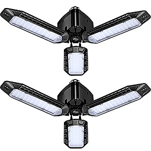 JZCreater LED Garage Lights 2 Pack 60W, Deformable Garage Light 3 Panels Adjustable Lights E26 8000LM LED Shop Light for Warehouse, Workshop, Basement, Attic