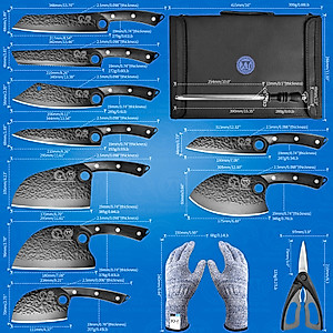 XYJ Professional Black Kitchen Knife Set with High-Carbon Steel Forged Blades, Chef's Knife, Cleaver, Carving Knife, Nakiri, Full Tang Design, Includes Carrying Bag & Poultry Scissors,Christmas Gifts