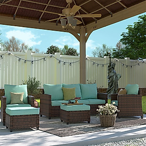 UDPATIO Patio Furniture Set, 5 Pieces Outdoor Sectional Sofa Set, All-Weather Wicker Rattan High Back Patio Conversation Set with Ottoman for Poolside, Backyard, 4" Thick Cushions, Light Blue