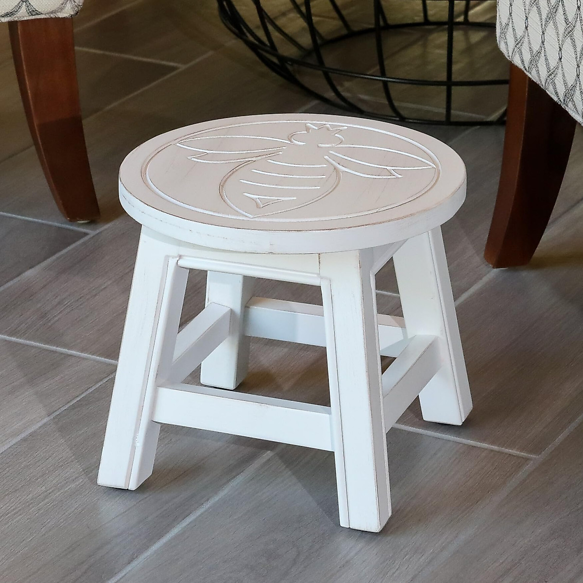 Carved Wooden Step Stool with Queen Bee Pattern,Round 11"W Versatile Wood Short Stool with Footrest,Indoor Foot Stool for Kitchen Living Room Bedroom Bathroom, No Assembly Needed,Antique White