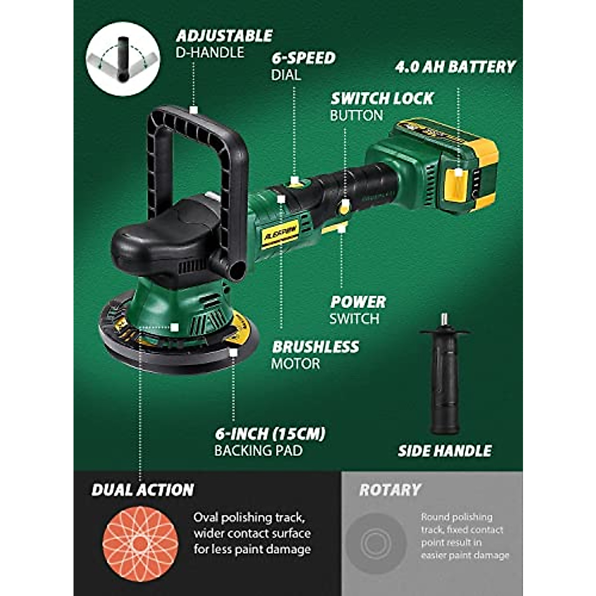 ALEAPOW P10 Cordless Buffer Polisher, 20V Brushless Car Polisher, 4.0Ah Battery, 6 Speed 2000-5500 RPM, Dual Action, D-Handle, Side Handle, Charger, with 4 Pads for Car Polishing, Waxing