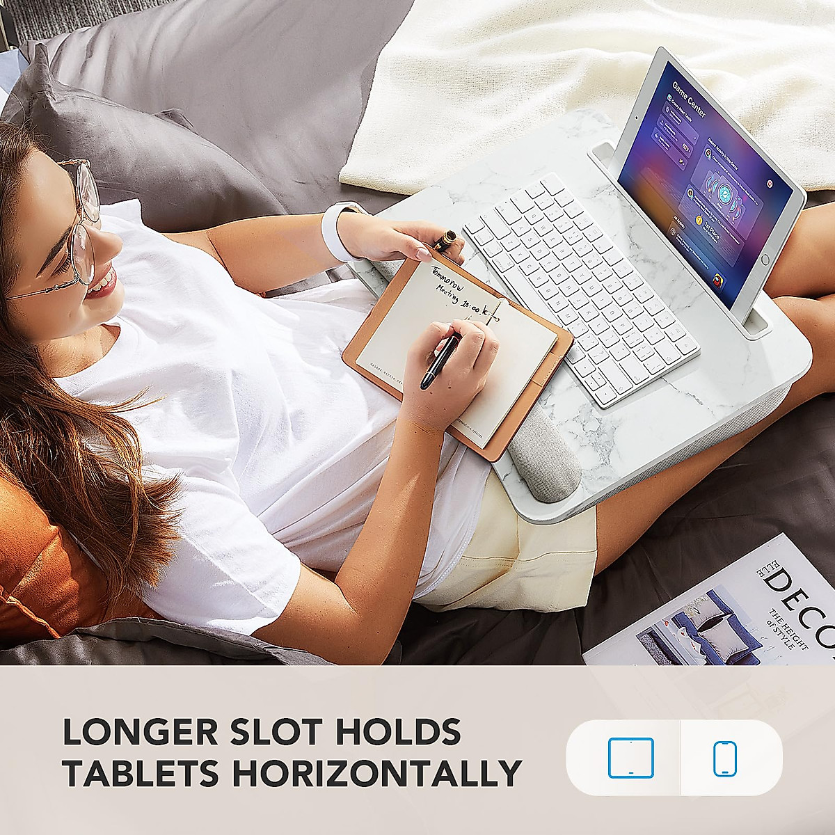 HUANUO Lap Laptop Desk - Portable Lap Desk with Pillow Cushion, Fits up to 15.6 inch Laptop, with Anti-Slip Strip & Storage Function for Home Office Students Use as Computer Laptop Stand - Marble