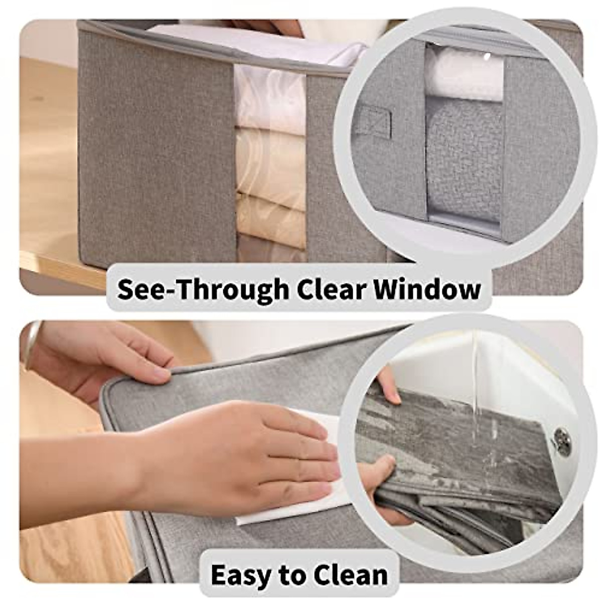 tianzong Large Capacity Foldable Storage bins with Clear Window, Blankets Clothes Comforters Organizer Container with Reinforced Handles and Sturdy Zipper lid (Grey, (L 40L)×2)