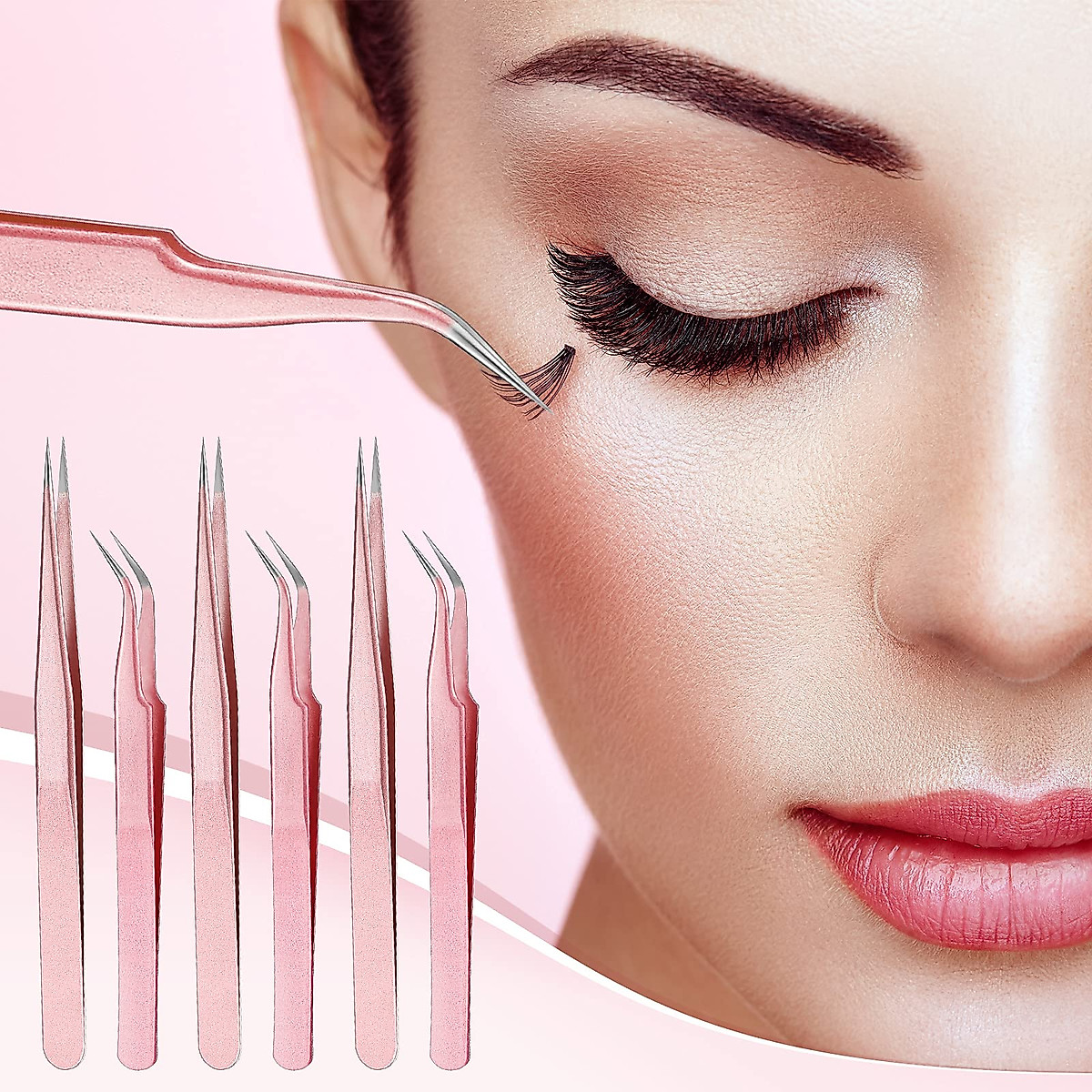 Mudder 6 Pcs Lash Tweezers Precision Eyelash Tweezers for Lash Extension, Straight and Curved Tip, Stainless Steel for False Volume Eyelash Application Tools(Rose Gold)