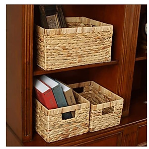 Water Hyacinth Wicker Baskets for Organizing, Rectangular Wicker Baskets with Built-in Handles 3-Pack