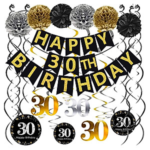 Famoby Black & Gold Glittery Happy 30th Birthday Banner,Poms,Sparkling 30 Hanging Swirls Kit for 30th Birthday Party 30th Anniversary Decorations Supplies