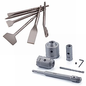 ZELCAN Chisel Set with SDS Plus Shanks, 6pc Masonry Concrete Drill Bit Set, and Hole Saw Kit for SDS Plus Hammer Drills 65 50 30mm Hole Saw Drill Bit Set w SDS Plus Shanks, Bundle