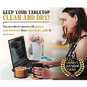 Coasterlux Cork Coasters for Drinks Absorbent with Holder - Cute & Funny Set of 8 Large Round Outdoor Cup Coasters for Wooden Table Protection, Coffee Trivet, Cups and Mugs - Cool Drink Coaster Gift