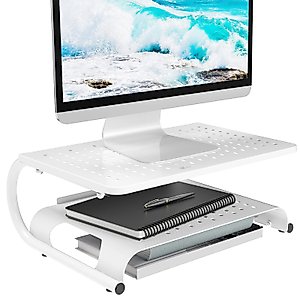 WALI Monitor Stand Riser, Desk Organizer with 2 Tiers Storage Shelf, Vented Metal Design for Laptop, Computer Monitor and Printer (STT001BW), 1 Pack, White