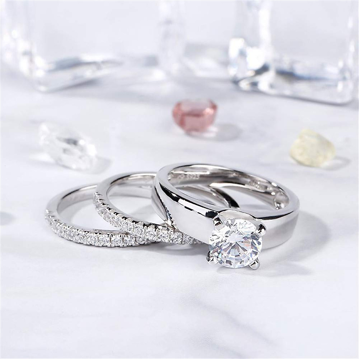 Jeulia 3 PC Ring Channel Wedding Set 2.5 Carat Round Cut Diamond Sterling Silver Band Rings CZ Cubic Zirconia Bridal Engagement Rings for Women (8)