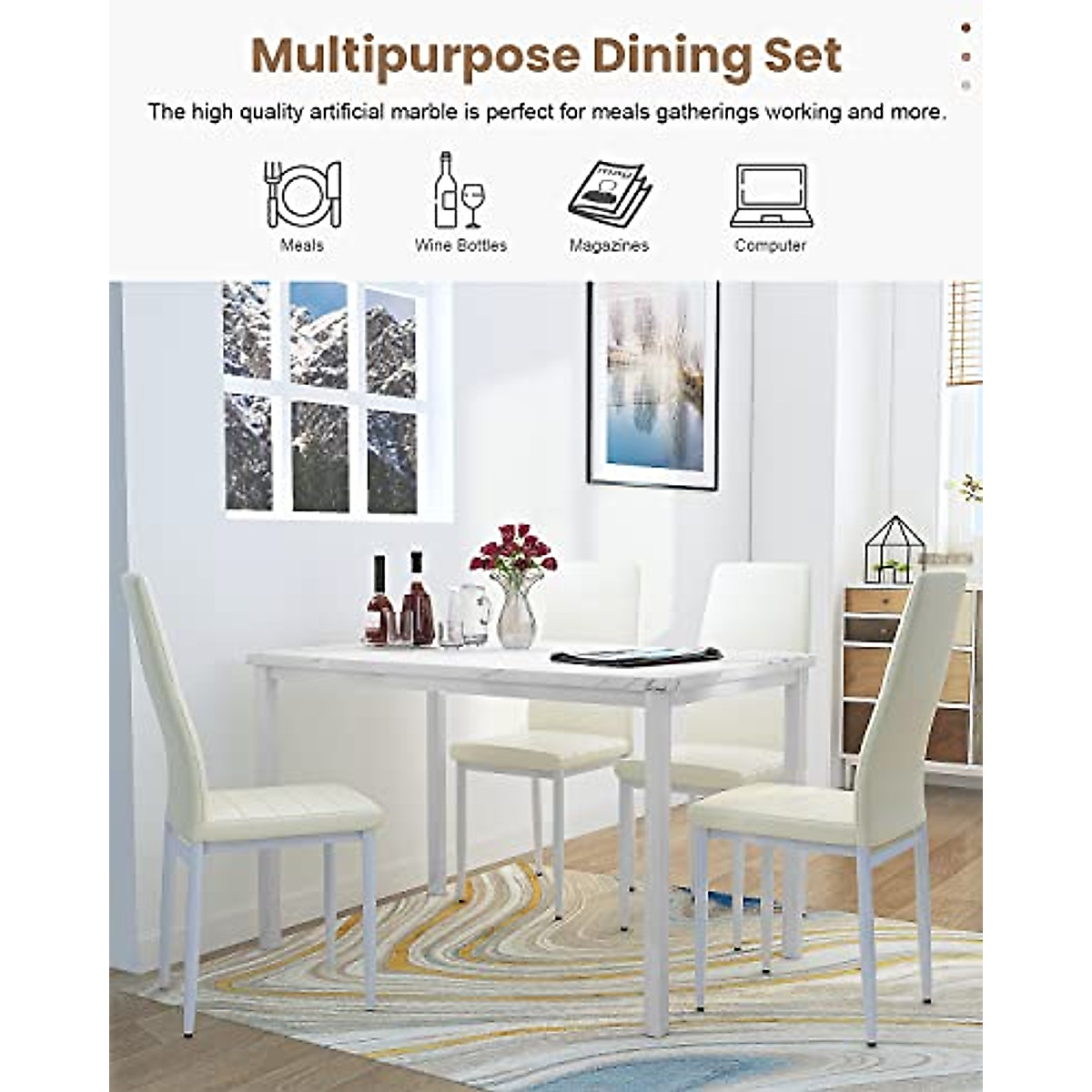 Recaceik Furniture 5 Piece Faux Dining Set, Modern Kitchen Table Marble Top and High Chairs for Breakfast Nook Small Spaces Beige
