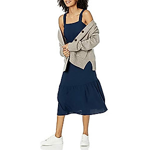 Amazon Essentials Women's Fluid Twill Tiered Fit and Flare Dress, Navy, Large
