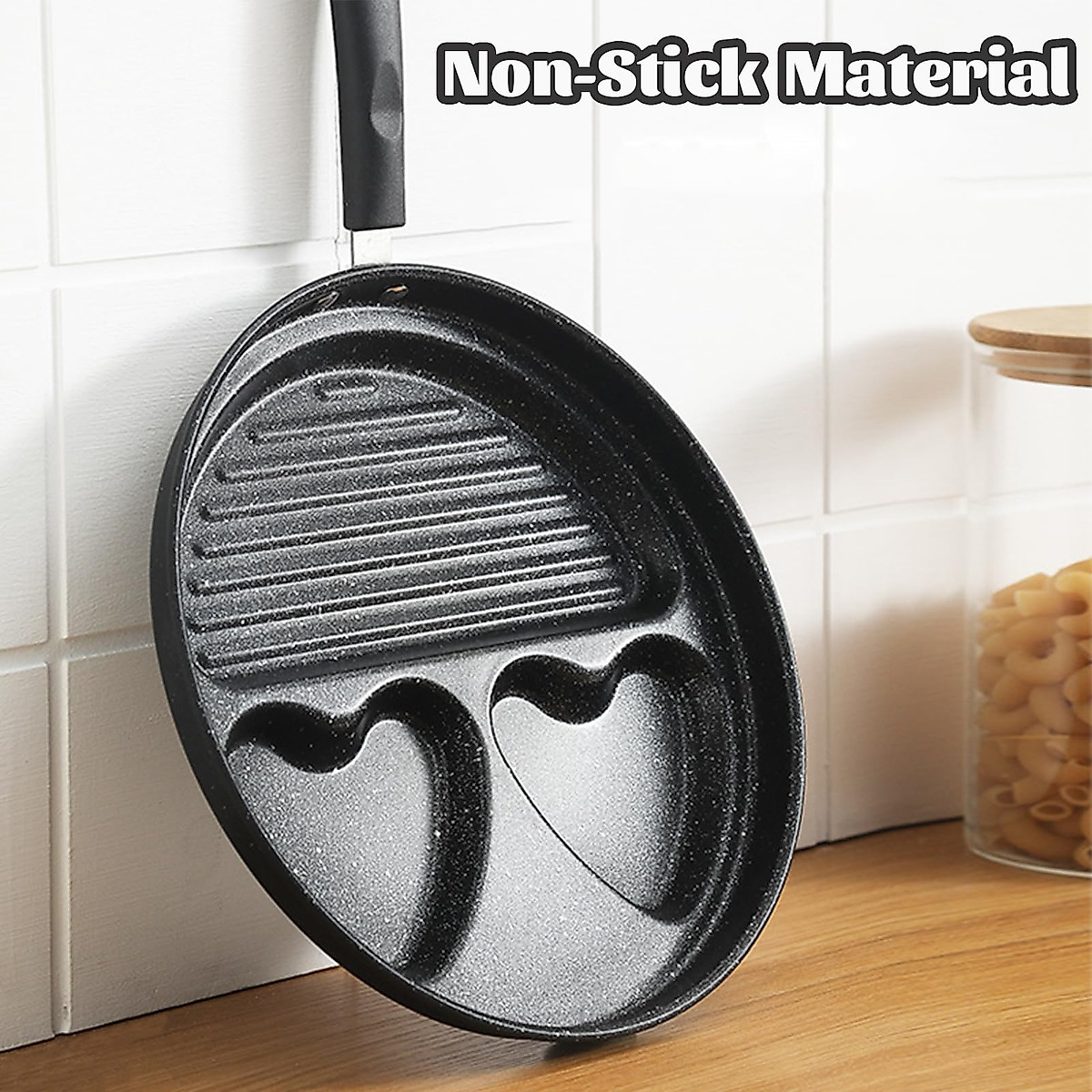 Egg Frying Pan, 3 In 1 Nonstick Egg Steak Pan for Home, Divided Omelette Pan Flat Bottom for Pancakes, Bacon&Sausage,Healthy Coating Cookware Skillet Pan for Gas Stove and Induction Cooker (Black)