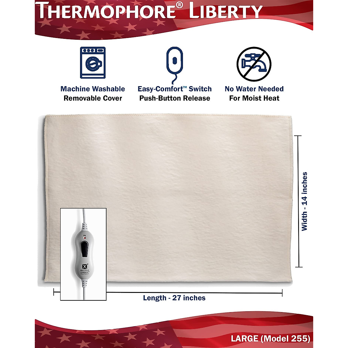 Assembled in The USA- Thermophore Liberty Plus - Moist Heating pad for Arthritis, Back, Neck, Shoulder Pain and Cramps Relief - Electric with auto Shut Off, Large 14" x 27"