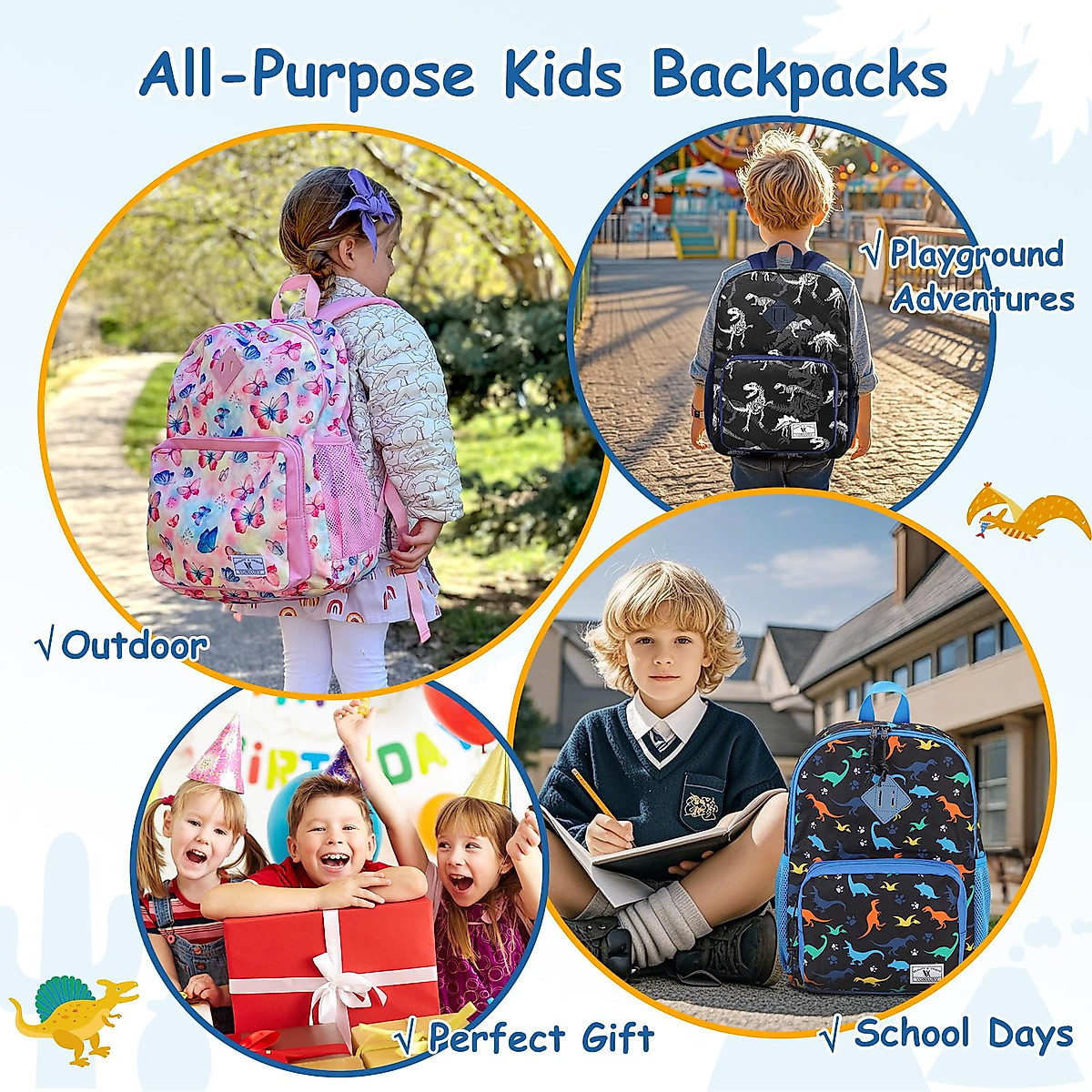 VX VONXURY Kids Backpack,Cute Preschool Toddler Schoolbag for Boys with Chest Strap Small（Black Dinosaur