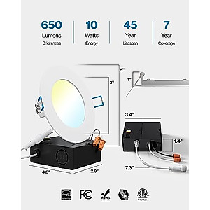 Sunco 12 Pack 4 Inch Ultra Thin LED Recessed Ceiling Lights Slim, Selectable CCT 2700K/3000K/3500K/4000K/5000K, Dimmable, 10W, Wafer Thin, Canless with Junction Box - ETL T24