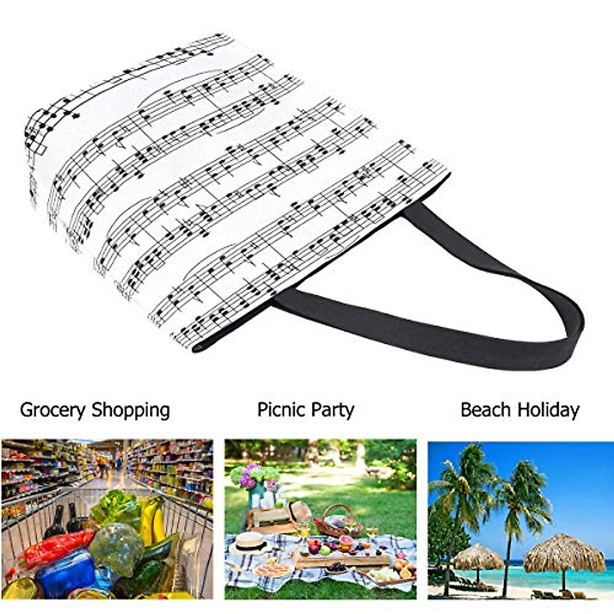 ZzWwR Chic Music Stave Notes Extra Large Canvas Shoulder Tote Top Handle Bag for Gym Beach Travel Shopping,Black White