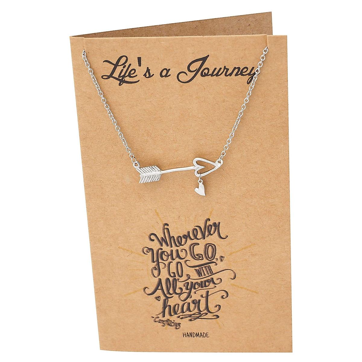 quan jewelry Arrow Necklace with Heart Charm Sideways Arrow Pendant, Graduation Gifts Dream Necklace with Inspirational Quote Greeting Card, Adjustable Chain 16" to 18" Silver Tone