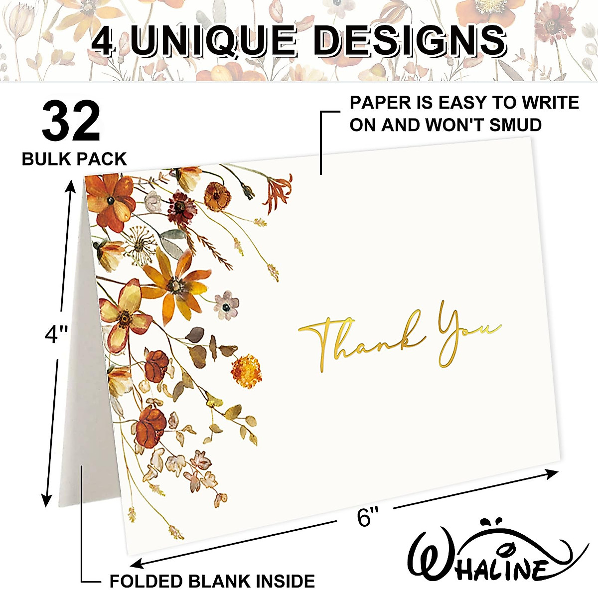 Whaline 32 Pack Gold Foil Fall Thank You Cards Autumn Floral Wildflower Greeting Cards with Envelopes and Stickers Blank Note Cards for Wedding Birthday Bridal Shower, 4 x 6 Inch