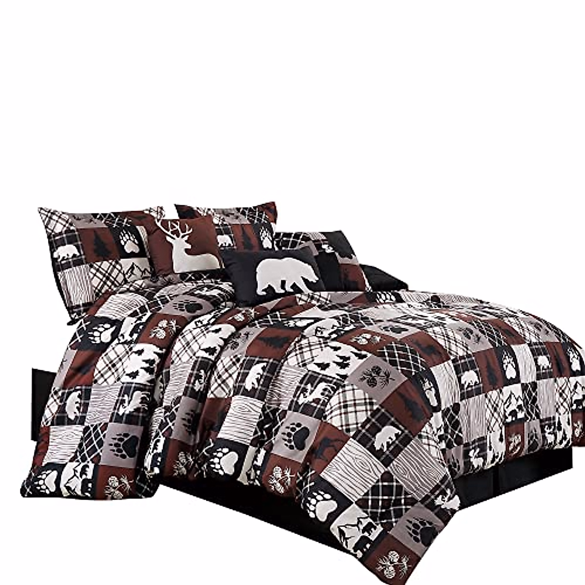 Chezmoi Collection Vista 7-Piece Southwestern Cabin Lodge Comforter Set - Red White Black Gray Grizzly Bear Pinecone Tree Moose Printed Microfiber Bedding, California King