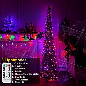 [ Orange & Purple Lights ] 5 Ft Halloween Black Christmas Tree Timer DIY 50 Lights Battery Operated Pumpkin Top Sequin Tinsel Artificial Pop Up Pencil Scary Halloween Decoration Home Indoor Outdoor