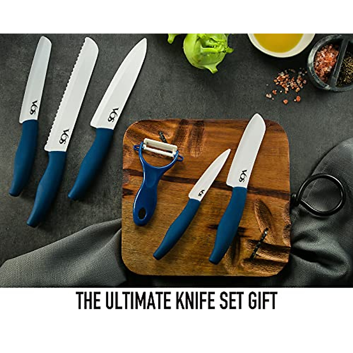 Vos Ceramic Knife Set, Ceramic Knives Set For Kitchen, Ceramic Kitchen Knives With Peeler, Ceramic Paring Knife 4", 5", 6", 7", 8" Inch Blue