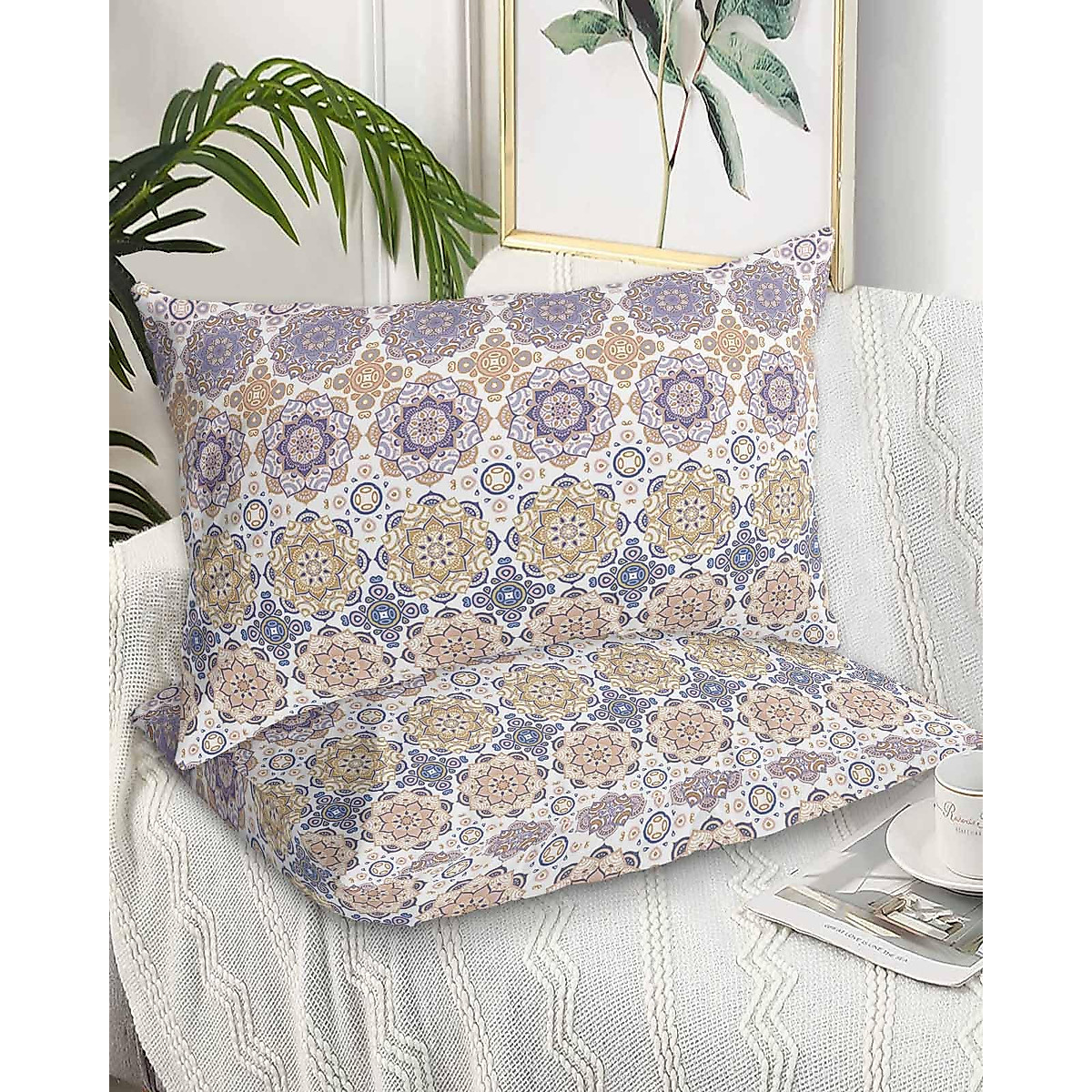 Edwiinsa Boho Flower Pillow Covers Standard Size Set of 2 20x26 Bed Pillow, Purple Orange Abstract Art Ethnic Pattern Plush Soft Comfort for Hair/Skin Cooling Pillowcases with Envelop Closure