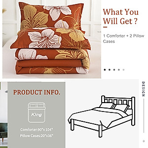 Menghomeus Terracotta Comforter Set King Gold Floral Bedding Burnt Orange Botanical Bedding Sets Lightweight Thanksgiving Bed Comforter Set (1 Comforter, 2 Pillowcases)