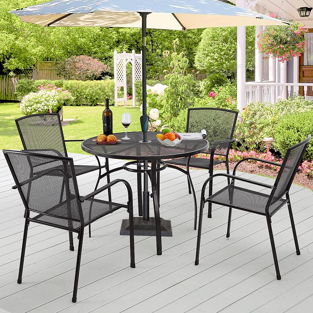 AECOJOY Metal Patio Table with Umbrella Hole, Outdoor Dining Table Steel Round Outside Table, Weather-Resistant Table 37 Inch for Lawn Backyard Garden Porch Bistro Dark Grey