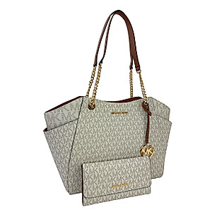 Michael Kors Jet Set Travel Large Chain Shoulder Tote bundled with Trifold Wallet (Vanilla)