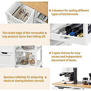 Yaheetech Kitchen Island Cart on Wheels with 3 Drawers and 3 Open Shelves, Rolling Kitchen Island Coffee Bar Trolley with Bamboo Countertop, Removable Tray & Lockable Casters for Dining Room, White