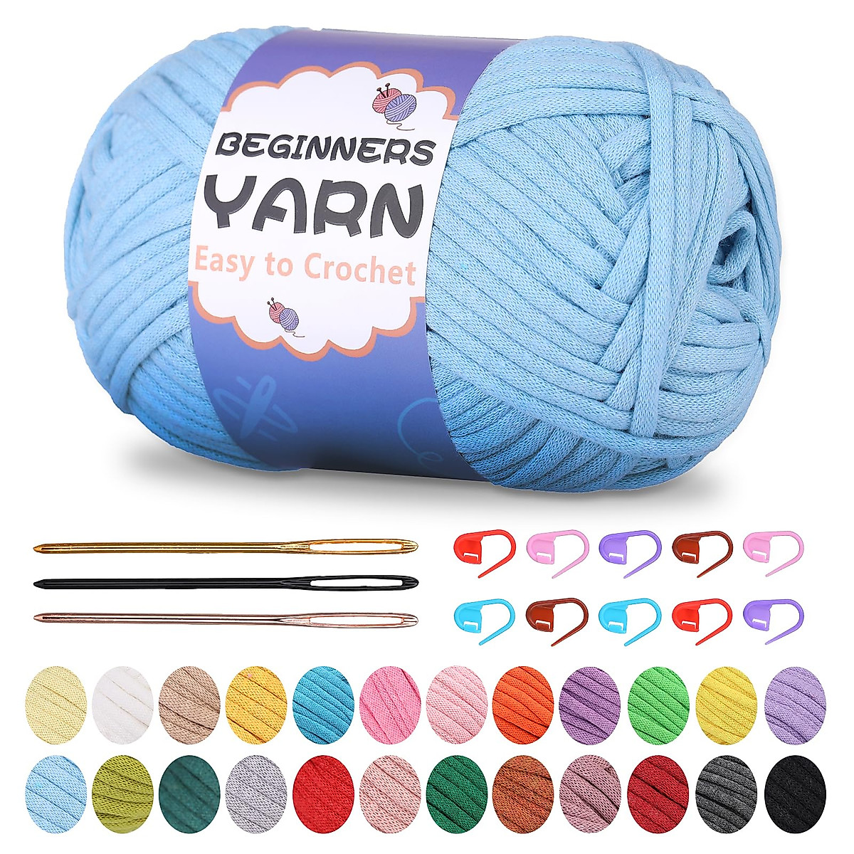 200g Yarn for Crocheting, Crochet Yarn, Easy Yarn for Beginners with Easy-to-See Stitches, Stitch Marker, Big Eye Blunt Needle, Beginner Yarn for Crocheting (Sky Blue)