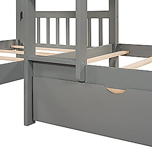 TARTOP L-Shaped Bunk Beds for 4,Solid Wood Bunk Bed Frame with 3 Storage Drawers,Twin Over Twin Size Corner Bunk Bed,Wood Quad Bunk Beds Frame for Kids Teens Girls Boys,Gray