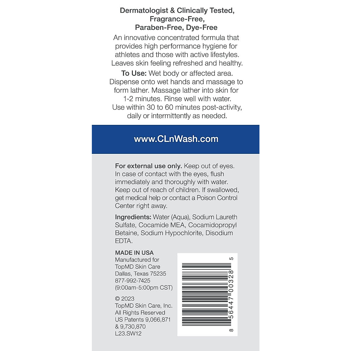 CLn® SportWash – High-Performance Sport Body Wash, For Men & Women Prone to Body Odor, Foot Odor, Ringworm, Folliculitis, & Back Acne, Fragrance-Free & Paraben-Free, 12 fl. oz.