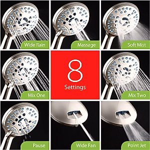 AquaCare High Pressure 8-mode Handheld Shower Head - Anti-clog Nozzles, Built-in Power Wash to Clean Tub, Tile & Pets, Extra Long 6 ft. Stainless Steel Hose, Wall & Overhead Brackets