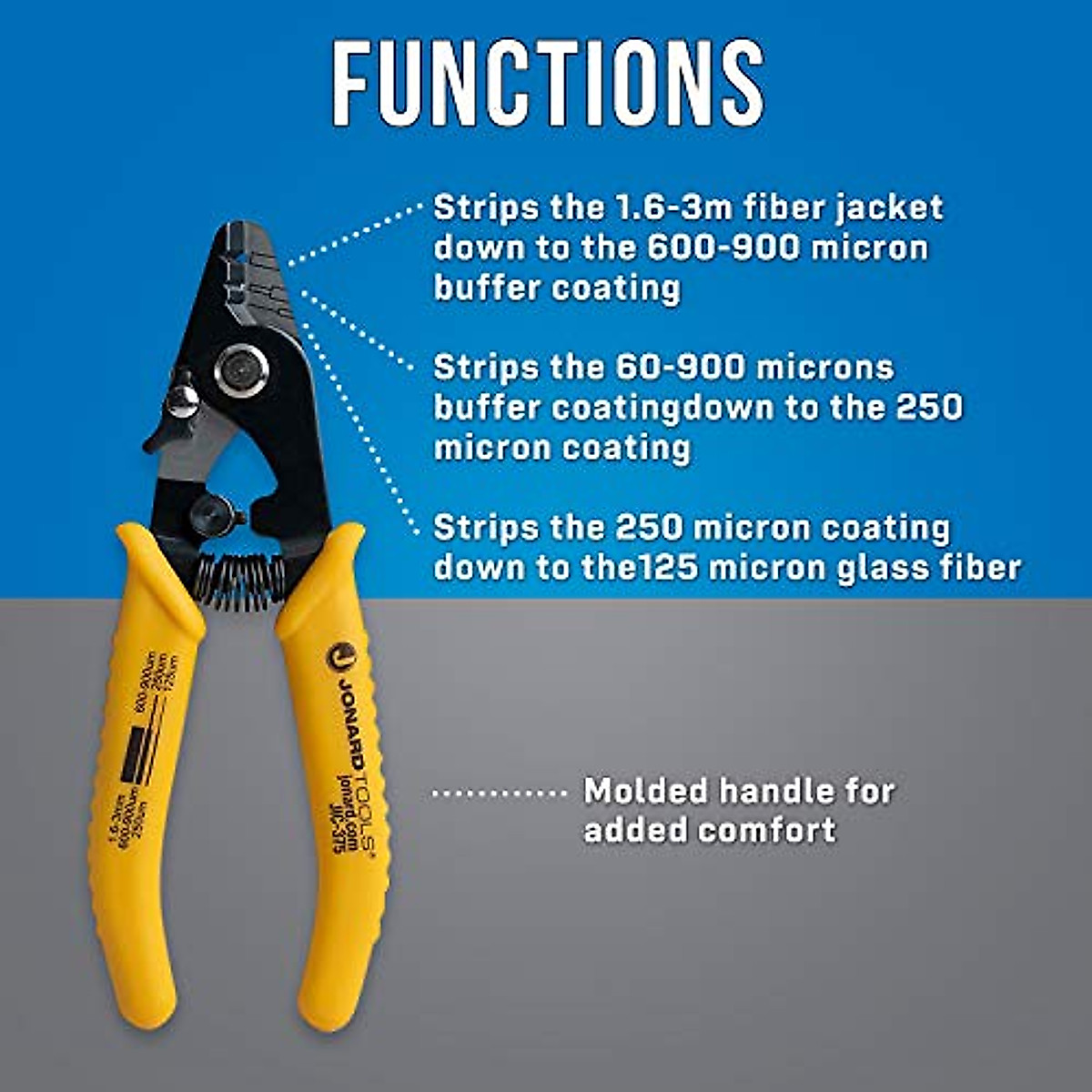 Jonard Tools JIC-375 Three Hole Fiber Optic Stripper with TPR Handle, 6" Length, Оne Расk