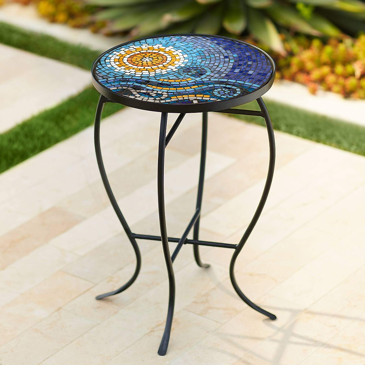 Teal Island Designs Ocean Modern Black Metal Round Outdoor Accent Side Table 14" Wide Blue Mosaic Tile Tabletop Gracefully Curved Legs Front Porch Patio Home House Balcony Deck Shed Yard
