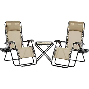 Yaheetech 3PCS Zero Gravity Recliner Portable Outdoor Reclining Chair Set w/Side Table Folding Chaise Lounge Chairs for Patio Beach Deck Garden Pool Beige