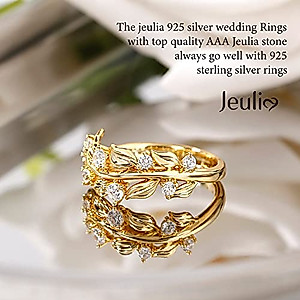Jeulia Olive Branch Band Ring Sterling Silver Round Cut Leaf Promise Ring for Women Gold Tone Diamond Nature Wedding Band Rings for Anniversary Engagement with Jewelry Gift Box (Olive Leaf, 8.5)
