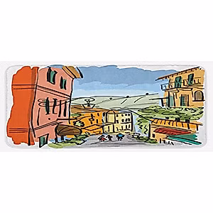 Ambesonne Landscape Kitchen Mat, Pastel Contrast Toned European Streets Tourist Historical Town Visit Downtown, Plush Decorative Kitchen Mat with Non Slip Backing, 47" X 19", Multicolor