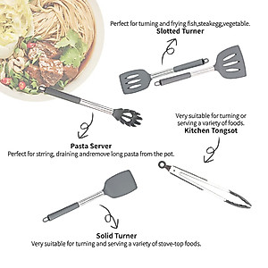 DMFC Kitchen Utensils Set 15 Pieces Kitchenware Supplies Set Silicone Stainless Steel Handle Cooking Nonstick Pot High Temperature Resistant Spatula Spoon Kitchenware.(Grey)