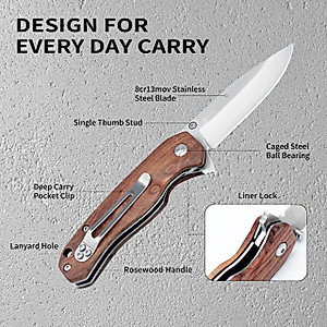 Wood Handle Pocket Knife, 2.9in 8Cr13MoV Stainless Steel Blade, EDC Knife with Belt Clip for Hunting, Camping, Hiking, and Everyday Carry, 6.5in