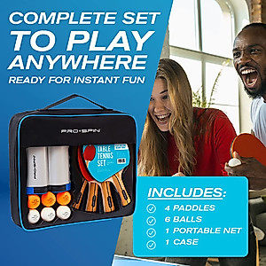 PRO-SPIN All-in-One Portable Ping Pong Paddle Set (4-Player) | Table Tennis Set | Retractable Ping Pong Net (Up to 72" Wide) | Premium Paddles | 3-Star Balls | Storage Case | Game Table | Gift