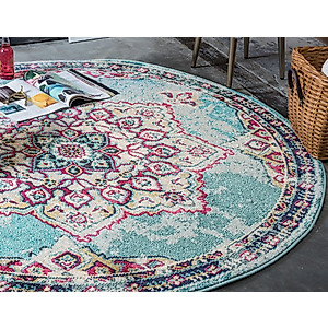 Unique Loom Medici Collection Floral Medallion Traditional Vintage Light Blue Round Rug (8' 0 x 8' 0)