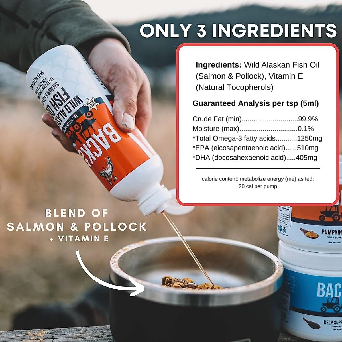 BACK 40 Dogs Wild Alaskan Fish Oil for Dogs, Skin and Coat Supplement for Dogs & Cats, Omega-3-Rich Salmon and Pollock Oil, EPA & DHA Dog Salmon Oil for Brain, Heart, and Joints 16 fl oz (473 ml)