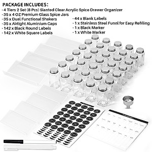 Brippo Spice Drawer Organizer with 35 Spice Jars, 328 Labels, Sift and Pour Shake Lids with Airtight Aluminium Caps, 4 Tier (2 Set) Clear Acrylic Drawer/Countertop Tray Rack with Seasoning Containers