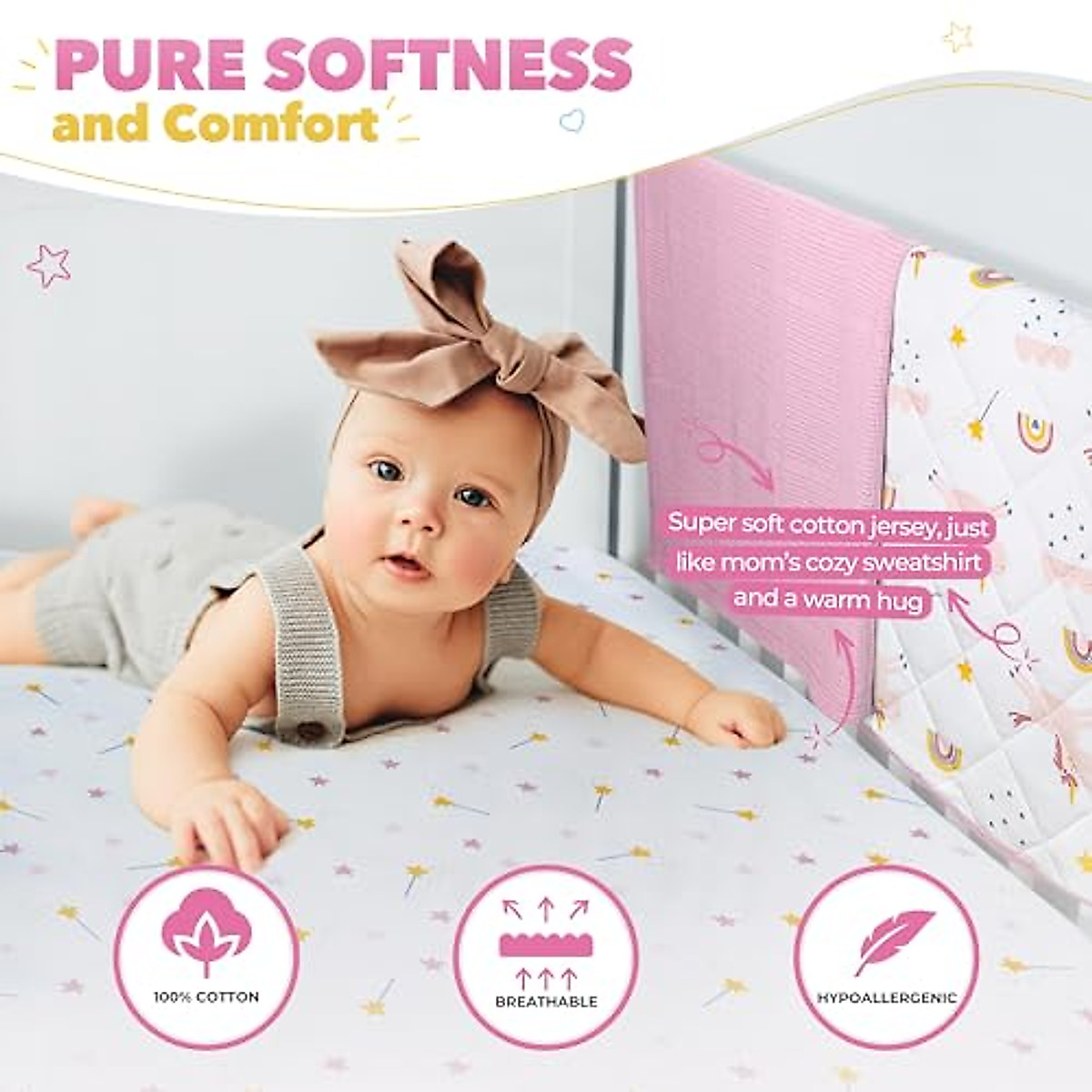 Crib Bedding Sets for Girls 5 Pieces Includes Baby Crib Sheets x2, Cotton Quilt, Baby Blanket & Bonus Wall Decal Set