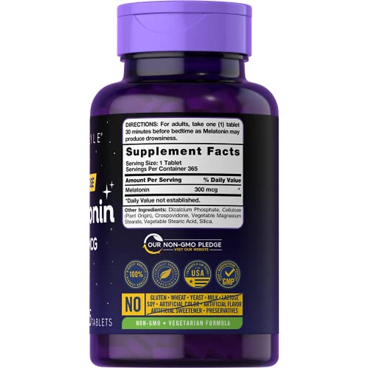 Carlyle Melatonin 300 mcg | 365 Tablets | Low Dose | Vegetarian, Non-GMO, Gluten Free